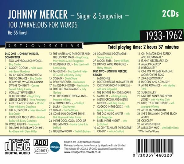 Johnny Mercer | Singer And Songwriter-Too Marvelous For Words - (CD ...