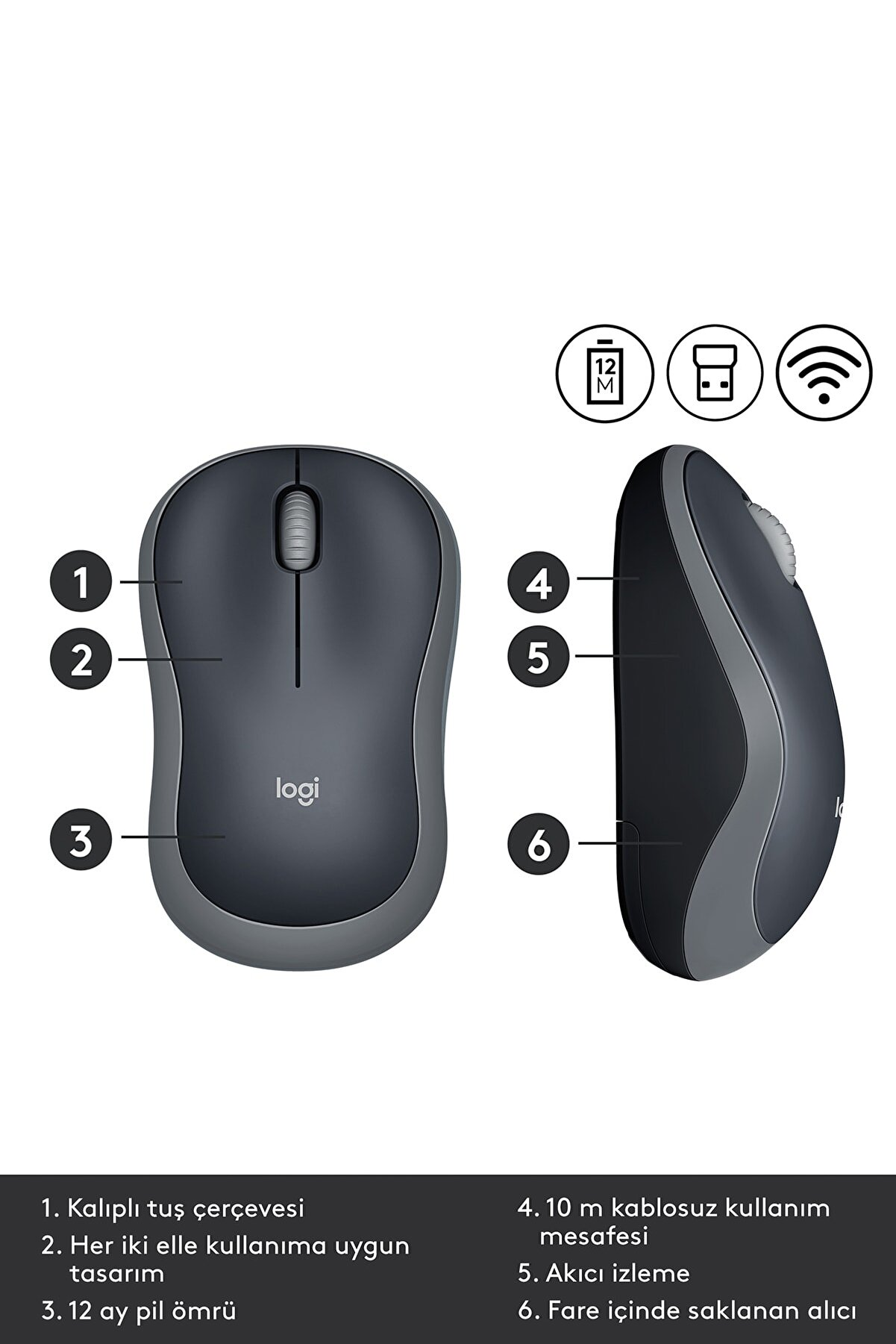 LOGITECH M185 USB Alıcılı Kompakt Kablosuz Mouse | Gri Fiyat & Özellik | MediaMarkt