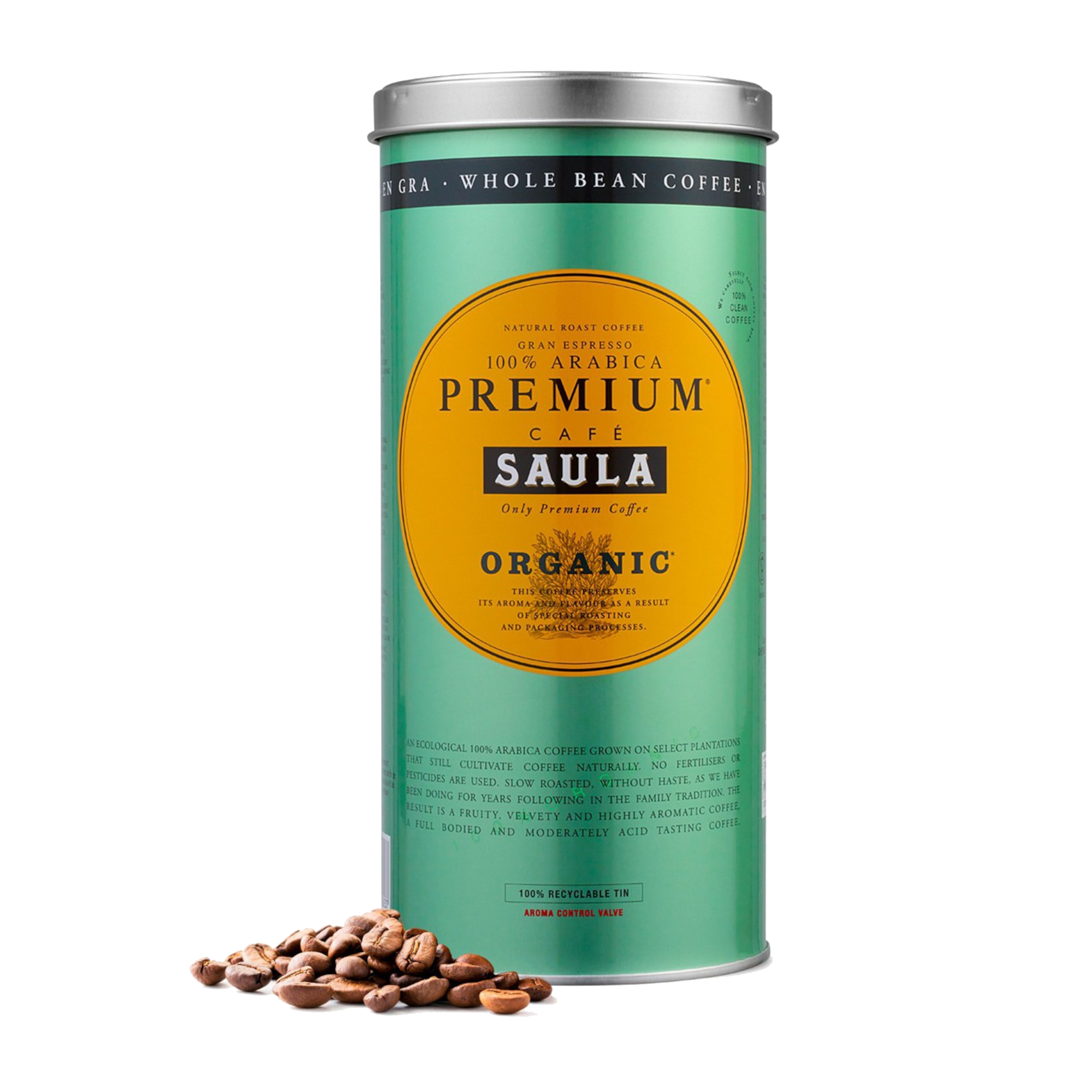 Café en grano | Saula Premium Ecológico, Arábica, Intenso, 500 g