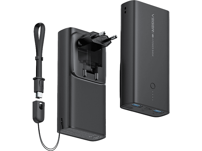 VEGER V1146PD Ace Power bank, fekete, 10.000mAh, PD22,5W, 2 QC3.0 usb ...