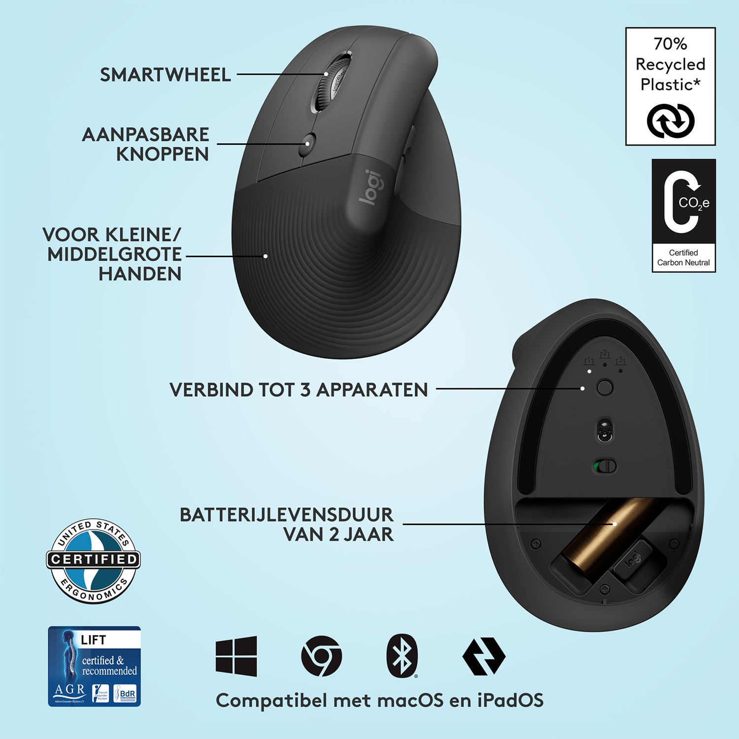 LOGITECH Lift Linkshandige Verticale Ergonomische Muis Zwart Muis Zwart ...