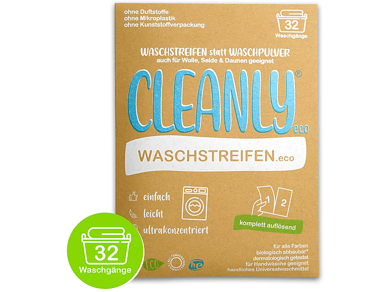CLEANLY ECO Wasserlösliche Waschstreifen, Universalwaschmittel, 32 ...