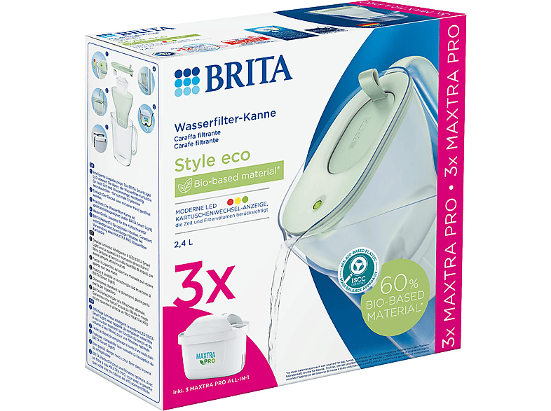 BRITA Style eco, Wasserfilterkanne, 2.4 l / gefiltertes Wasser 1.4 l ...