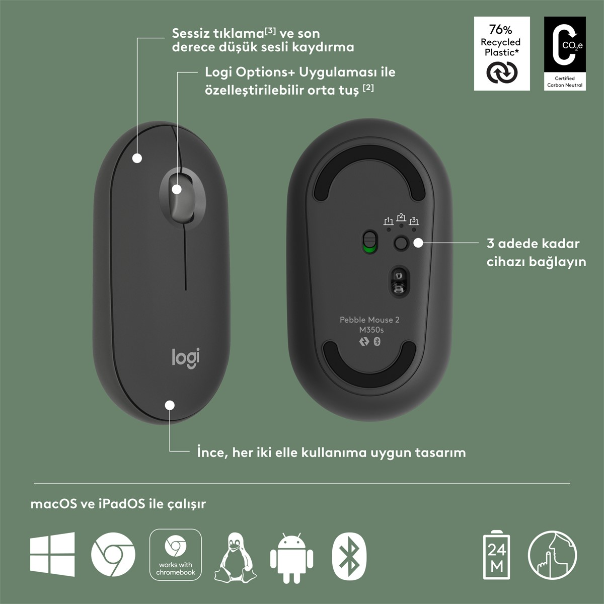 LOGITECH Pebble 2 M350s Bluetooth Mouse Grafit Fiyat & Özellik | MediaMarkt