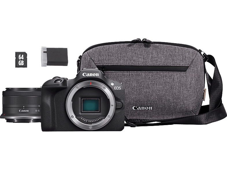 CANON EOS R100 Body + RF-S 18-45mm F4.5-6.3 IS STM + CB-TS100 Tasche + SD-Katre Systemkamera mit ...