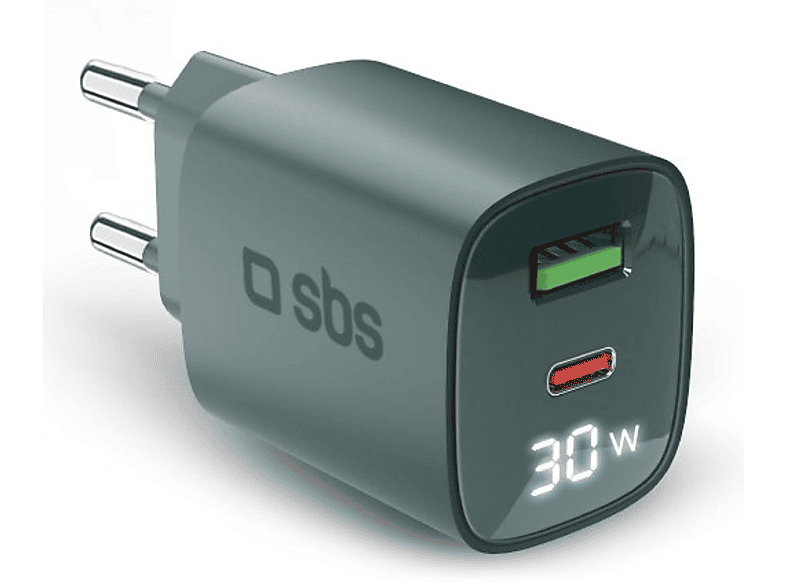 Ładowarka sieciowa SBS 30W USB-A USB-C Gan LED Jasnoszary | MediaMarkt