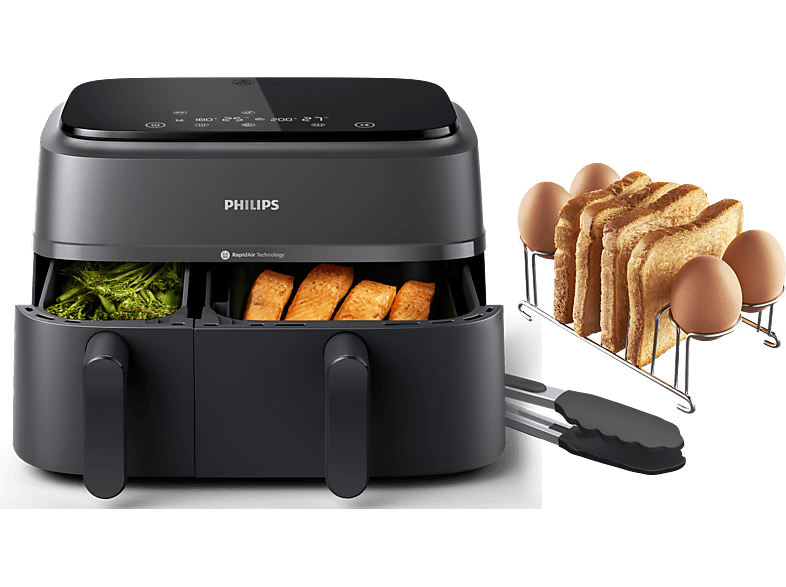 PHILIPS NA350/03 Heißluftfritteuse mit zwei Körben inkl. Frühstücksset ...