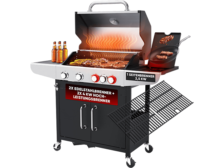 PROFI COOK PC-GG1311 4-Brenner + Kochstelle Gasgriller, Silber (16,5 kW ...