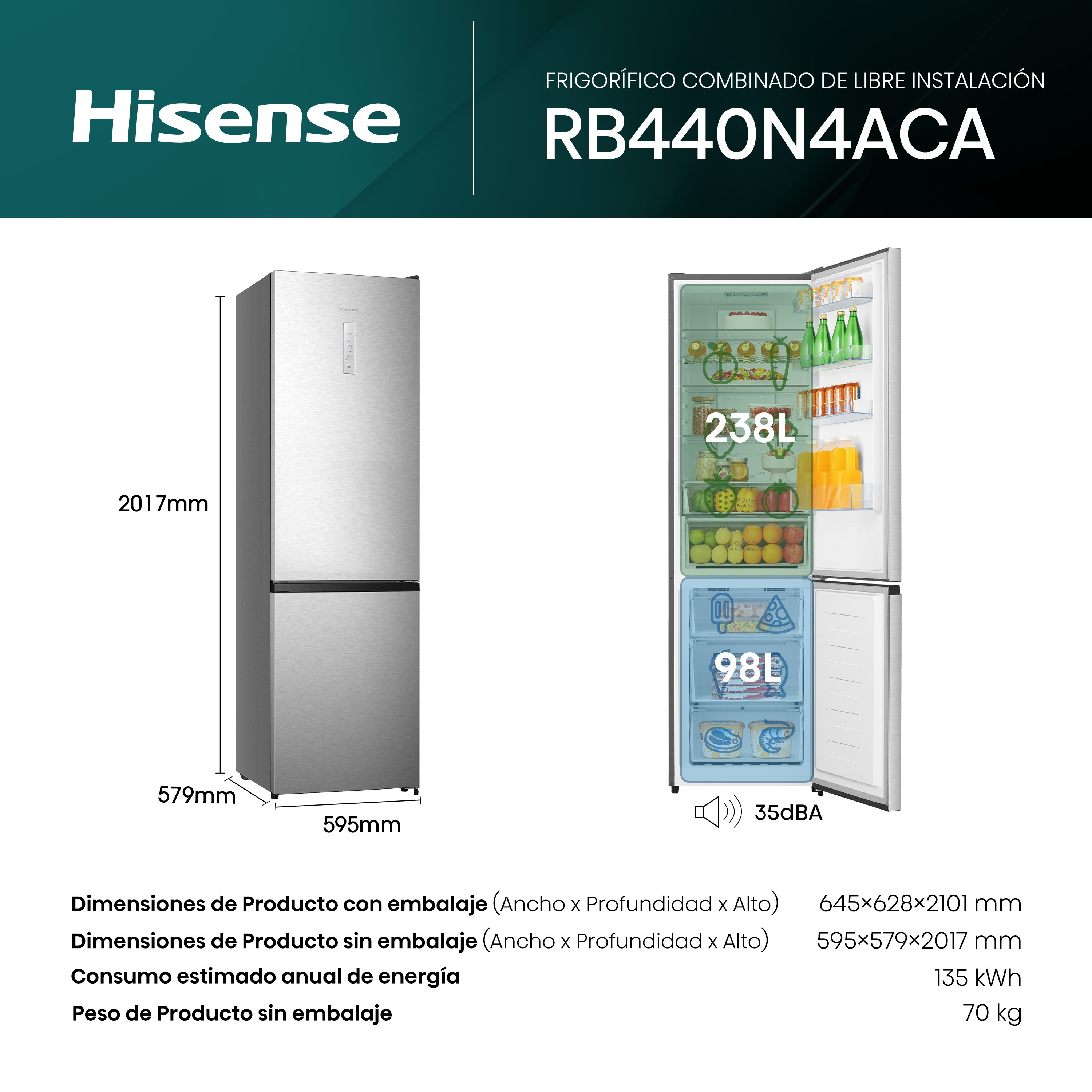 Frigorífico combi | Hisense RB440N4ACA, No Frost, 201.7 cm, 336 l ...