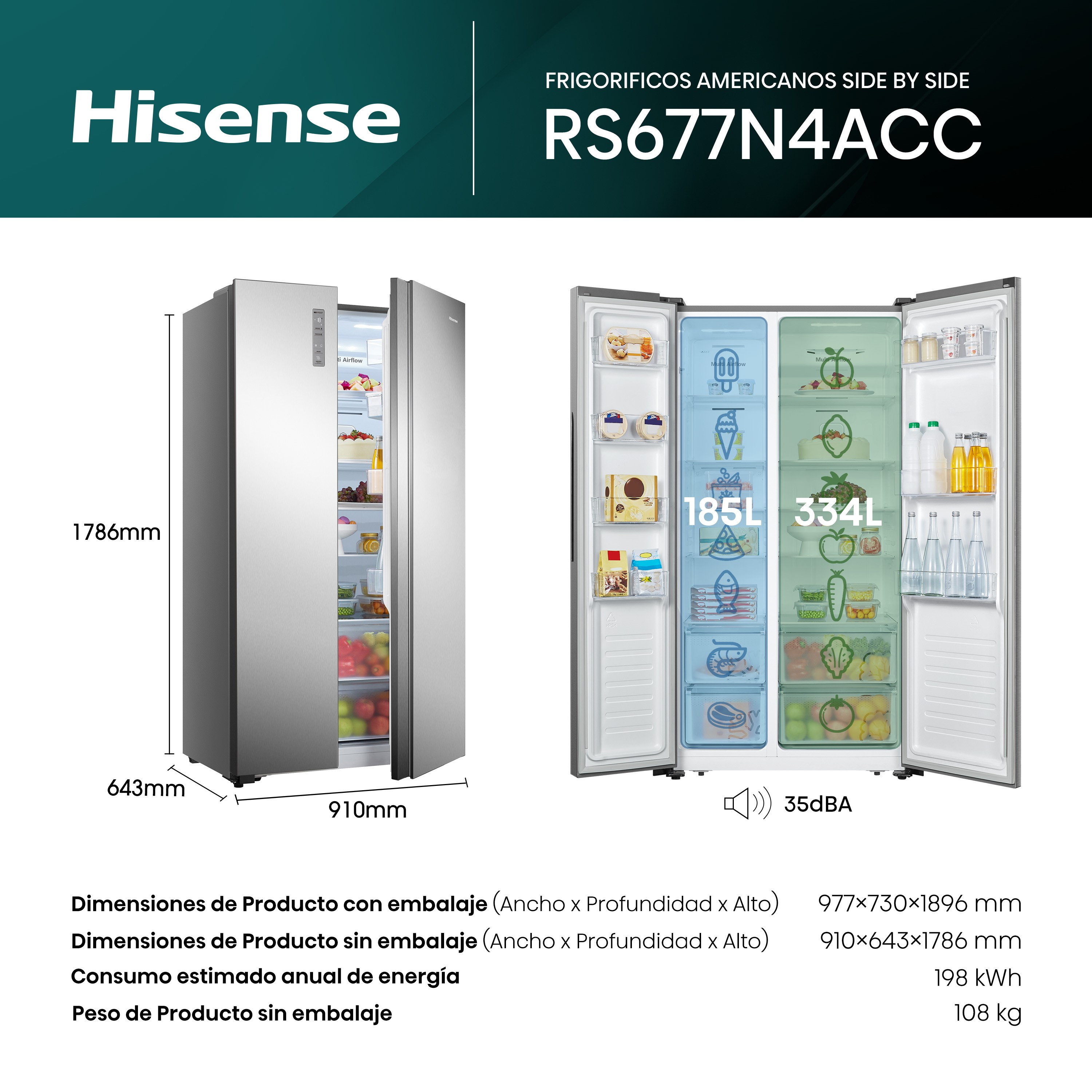 Frigorífico americano | Hisense RS677N4ACC, No Frost, 178,6 cm, 519 l ...