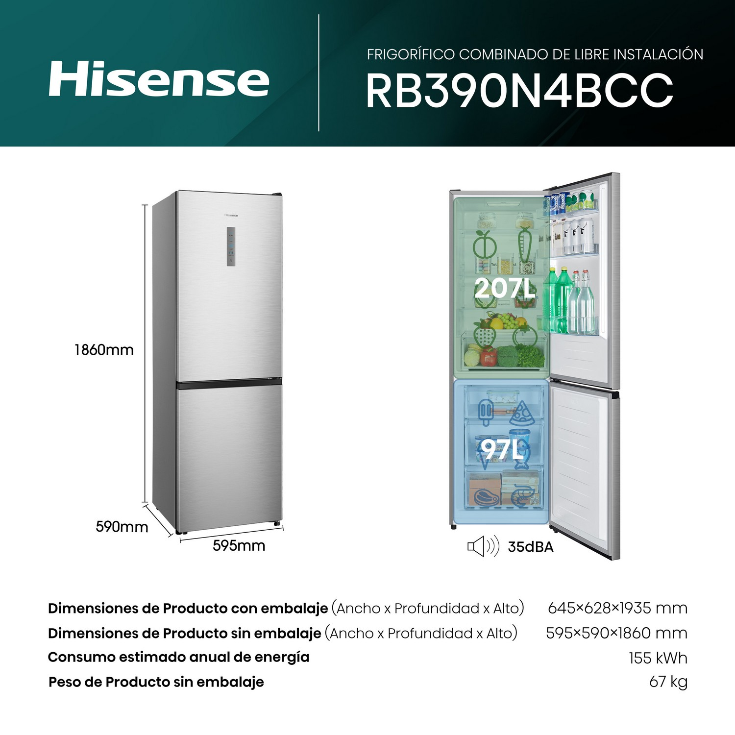 Frigorífico combi | Hisense RB390N4BCC, No Frost, 186 cm, 304 l, Micro ...