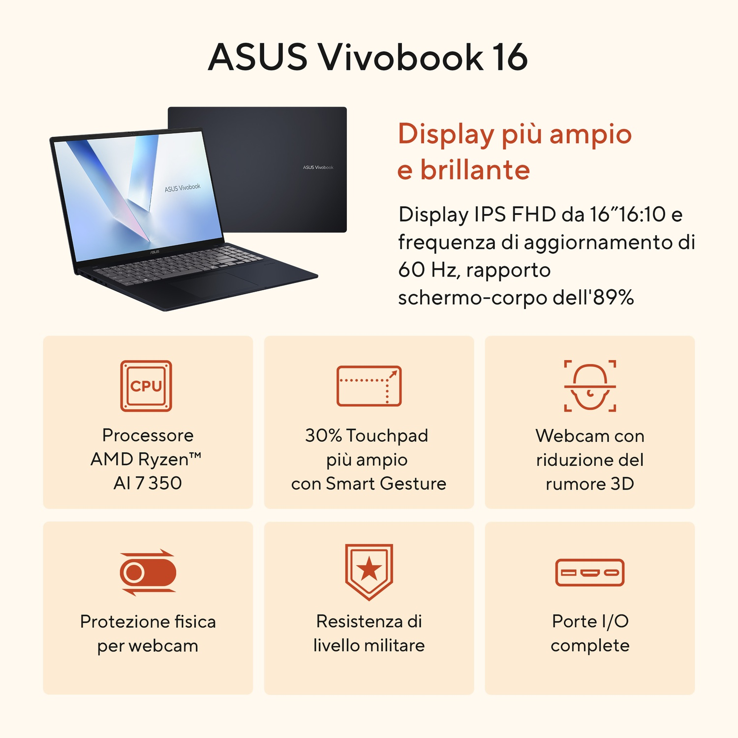 ASUS Vivobook 16 M1607 Copilot+ PC NOTEBOOK, 16 ", processore AMD Ryzen ...