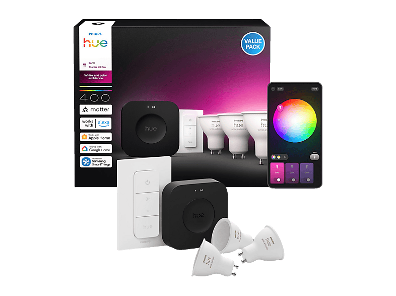 PHILIPS Hue Bridge Pro + 3 GU10 smarte LED Spots + Dimmer Switch, White ...