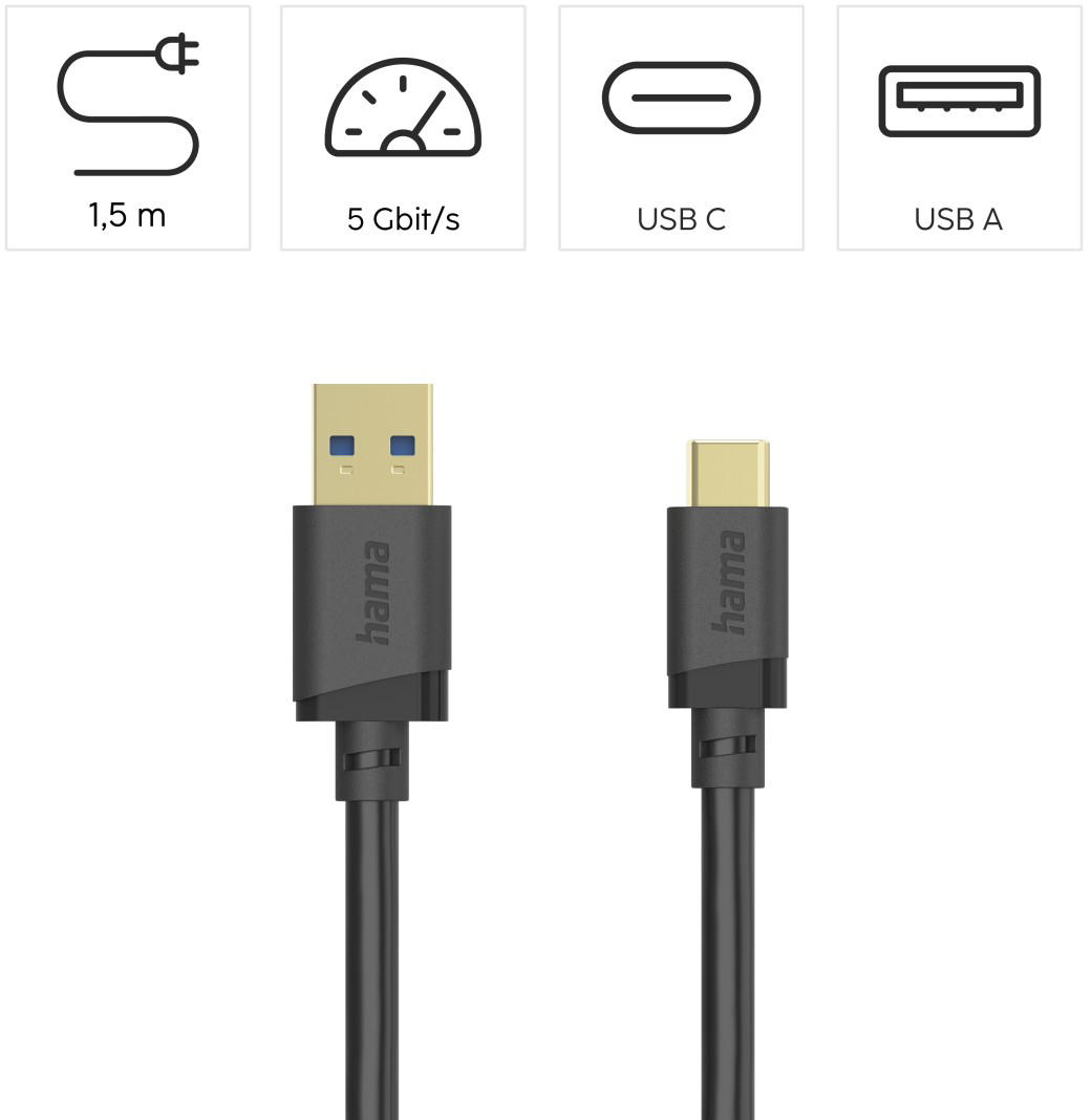 HAMA USB 3.2 Gen1 A-C adatkábel, 5Gbit/S, 1,5 méter, fekete (202006 ...