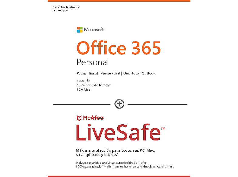 Pack Antivirus Mcafee Live Safe + Office 365 Personal, Suscrip. 1 año, Multidispositivo ...
