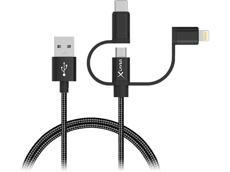 XLAYER Kabel PREMIUM MFI 3-IN-1 USB-C & Micro-USB & Lightning, Ladekabel, 1 m, Schwarz Ladekabel ...
