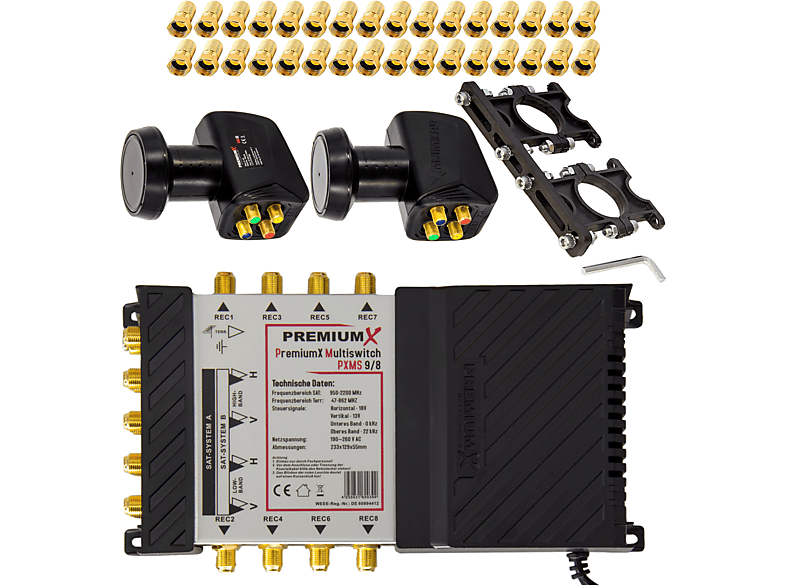 PREMIUMX Multischalter Set 9/8 SAT 2x Quattro LNB Multifeed 32x F ...