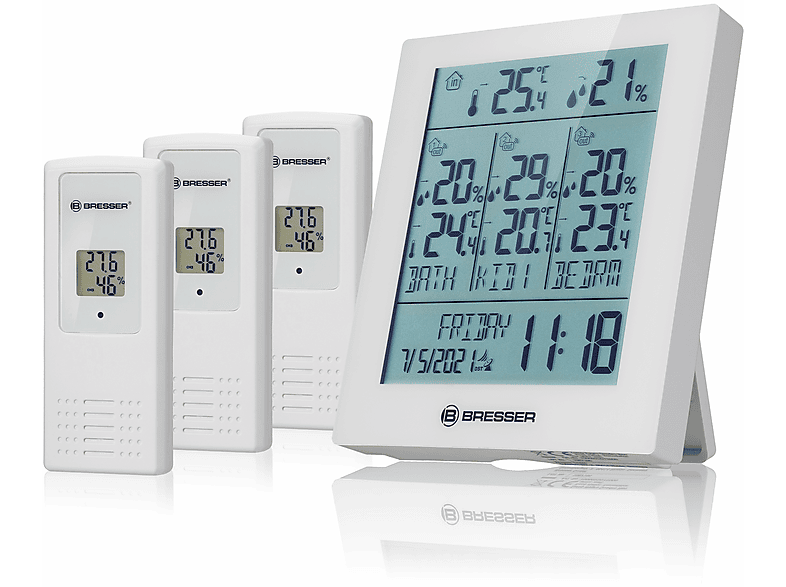 BRESSER Quadro Neo Thermo- und Hygrometer mit 3 Funksensoren und Standortangabe Wetterstation ...