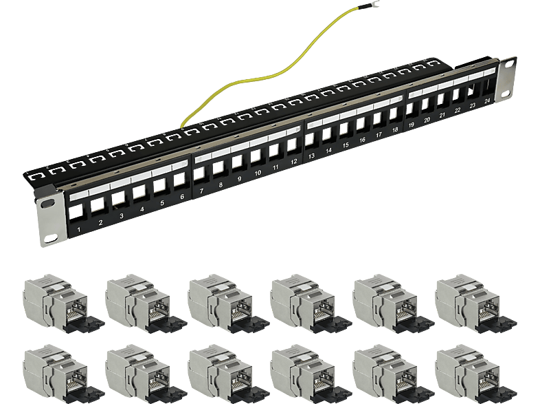 AIXONTEC 24-Port 19“ 1HE Patchfeld + 12x Cat.6A Module Patchpanel | SATURN