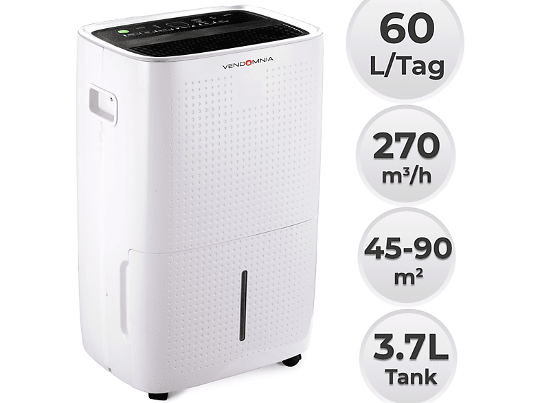VENDOMNIA Luftentfeuchter 60L / Tag, 3,7L Behälter Weiss, Raumgröße: 90 m²) | MediaMarkt