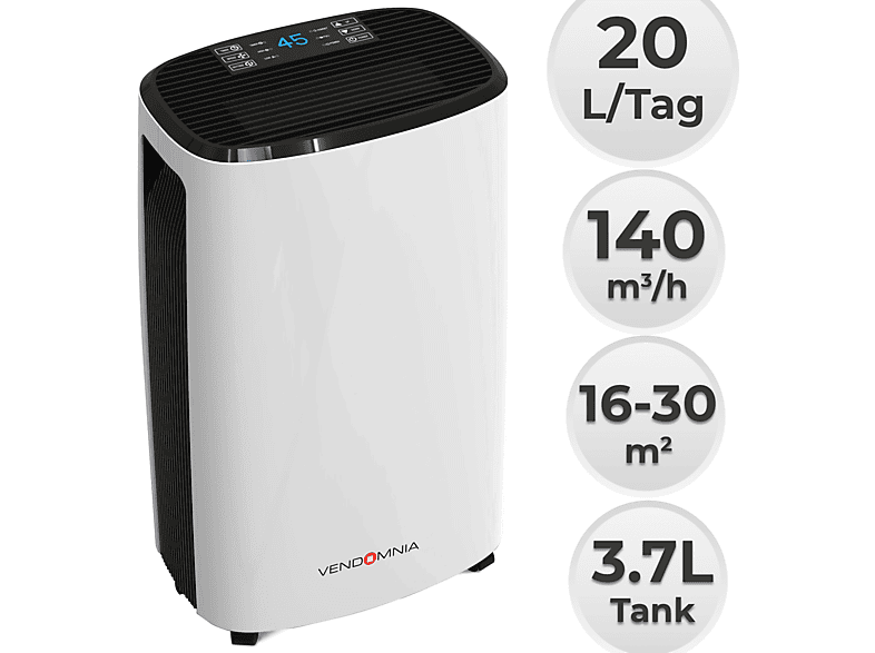 VENDOMNIA Luftentfeuchter 20L / Tag, 3,7L Behälter Weiss, Raumgröße: 30 m²) | MediaMarkt
