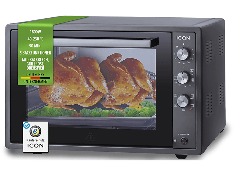 ICQN 60 Liter XXL Anthrazit Mini-Backofen, 40°-230°C, 1800 W ...
