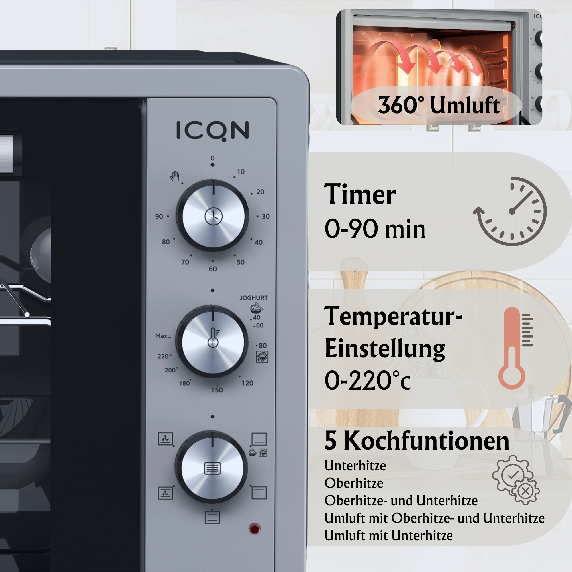 ICQN 60 Liter Minibackofen mit Umluft und Timer Funktion, 1800 W, 40 ...