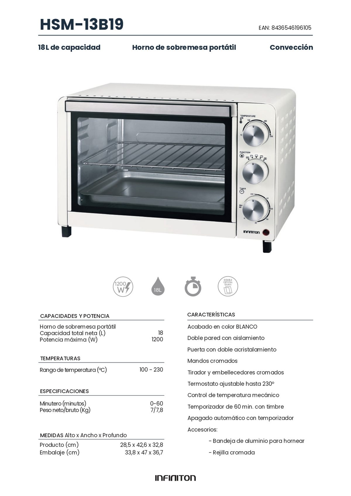 Mini Horno | INFINITON HSM-13B19, 1200 W, Blanco | MediaMarkt