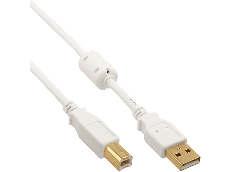 INLINE InLine® USB 2.0 Kabel, A an B, weiß / gold, mit Ferritkern, 2m ...