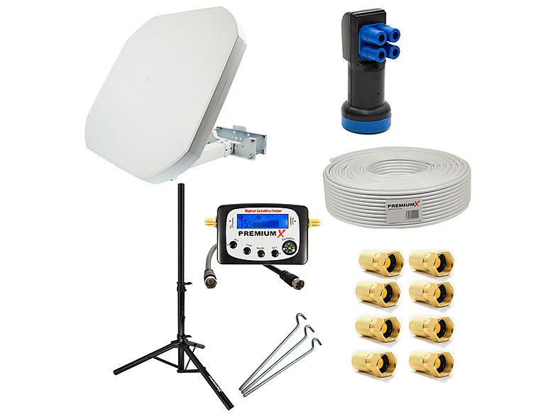 PREMIUMX SAT-Anlage FLAT43 Flachantenne Quad LNB Dreibein-Stativ 10m ...