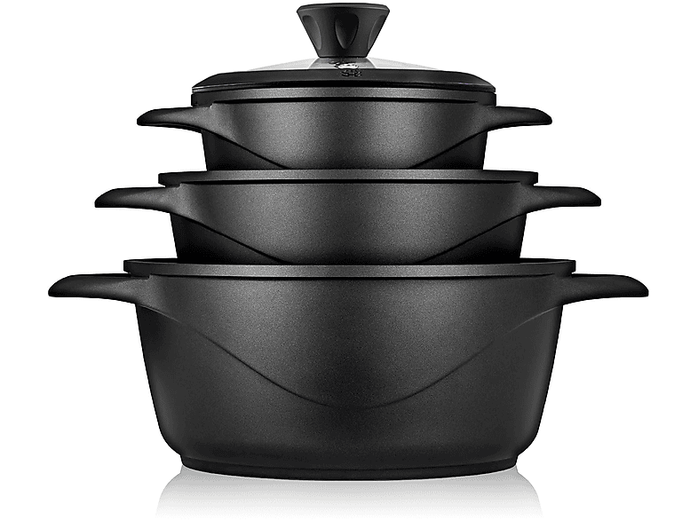 BRIEBE Kochtopf Set Induktions 6-Teilig Aluminiumguss 3 Kochtöpfen 3 Glasdeckel Kochtopf Set ...