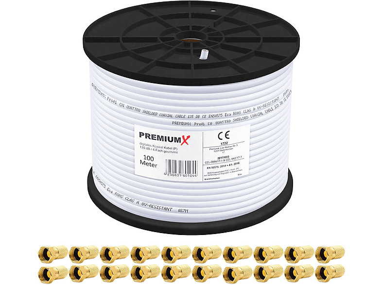 PREMIUMX 100m DELUXE Koaxial Kabel 135dB 4-fach REINES Kupfer 20x F ...