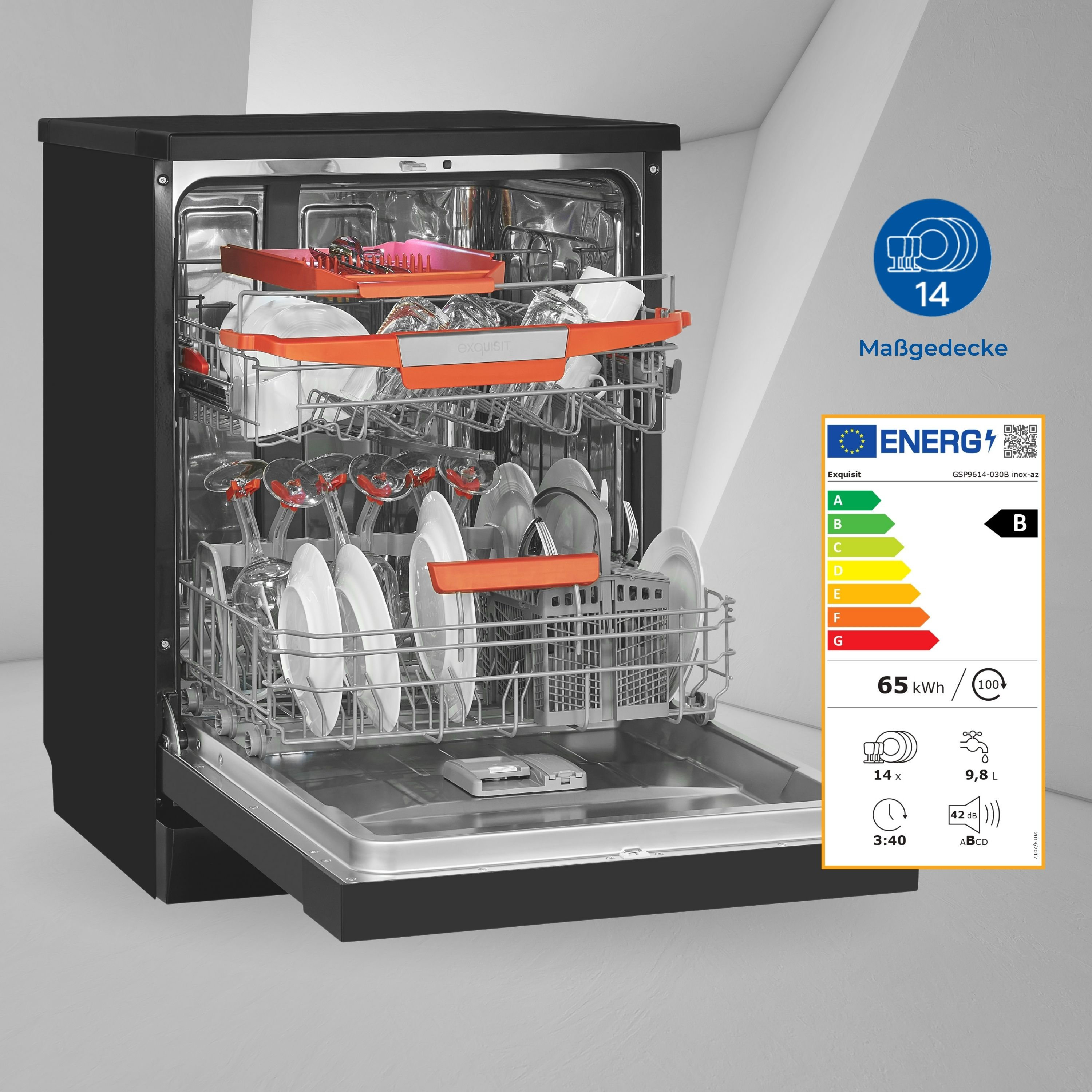 EXQUISIT GSP9614-030B inox-az Geschirrspüler (Freistehend mit ...