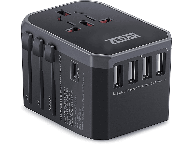 ZEDAR Wereldstekker reis stekker met USB-C en 4 USB Poorten Zwart | MediaMarkt