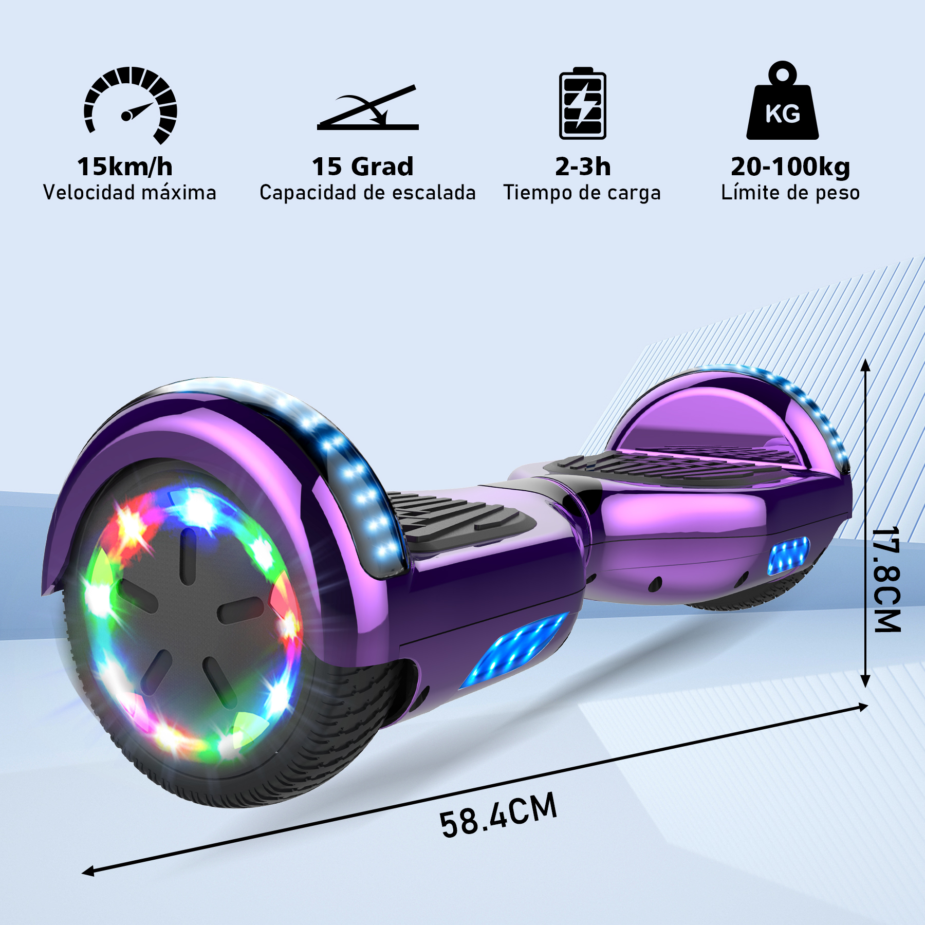 Hoverboard - Hoverboards para niños con altavoces Bluetooth GEEKME, 120 W, 100 kg, Violeta ...