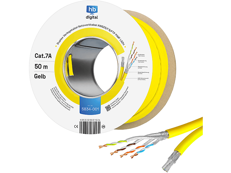 HB-DIGITAL Installationskabel CAT 7a Duplex S/FTP AWG23 LSZH, Netzwerkkabel, 50 m | SATURN
