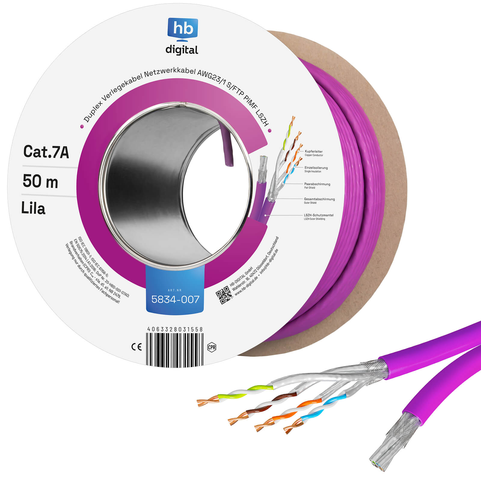 HB-DIGITAL Installationskabel CAT 7a Duplex S/FTP AWG23 LSZH, Netzwerkkabel, 50 m | MediaMarkt