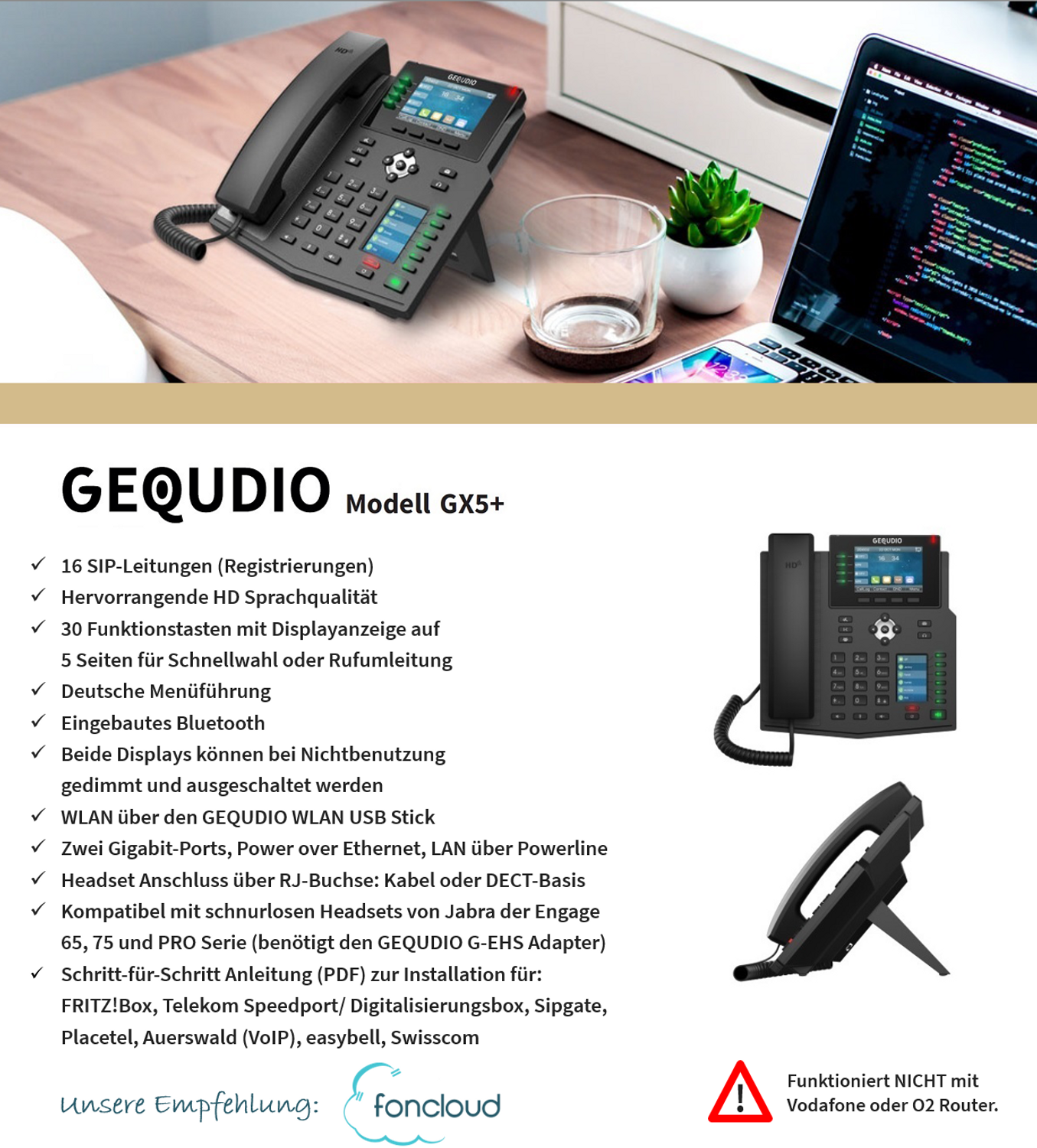 GEQUDIO IP Telefon GX5+ Set mit Netzteil & WLAN Stick, On-ear Headset ...