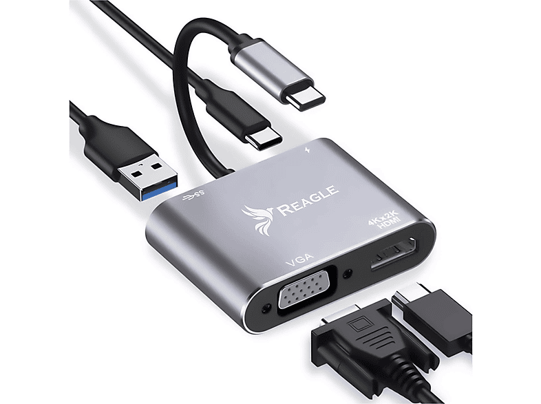 Hub | HDMI 4k VGA USB MacBook PD 100W REAGLE, Plata y negro | MediaMarkt
