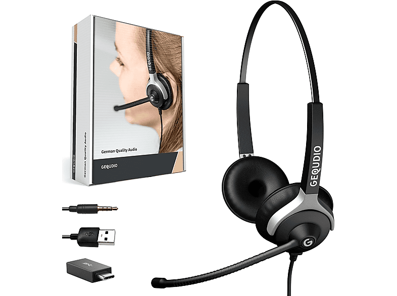 GEQUDIO Headset 2-Ohr mit USB-A, USB-C und 3,5mm Klinke, Over-ear ...