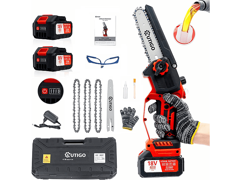 OUTIGO 6C,ELEKTRO-KETTENSÄGE, Rot/Schwarz, 800W Akku-Kettensäge ...