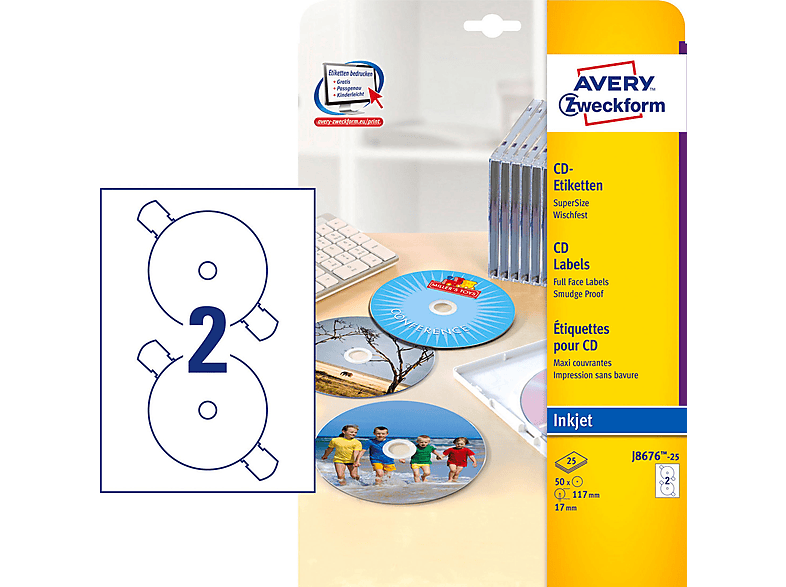 AVERY ZWECKFORM J8676-25 ETR ETT CD 117MM SPEZIALB. INKJET SUPERS CD ...