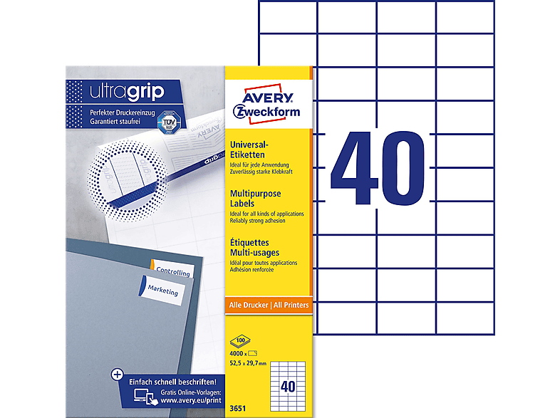 AVERY ZWECKFORM 3651 ETIKETT 52,5X29,7MM INKJETLASERCOPY WEISS ...