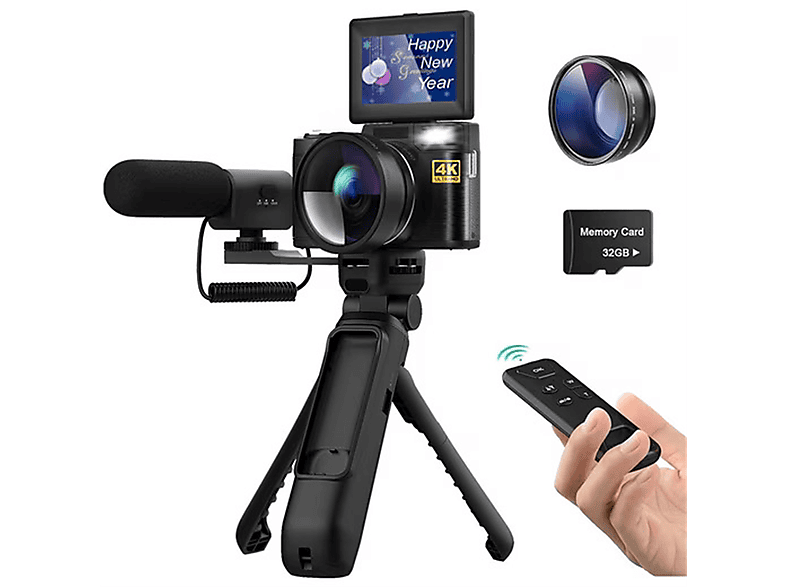 DARMLINK 4K Videokamera mit Weitwinkelobjektiv, Mikrofon und Stativ ...