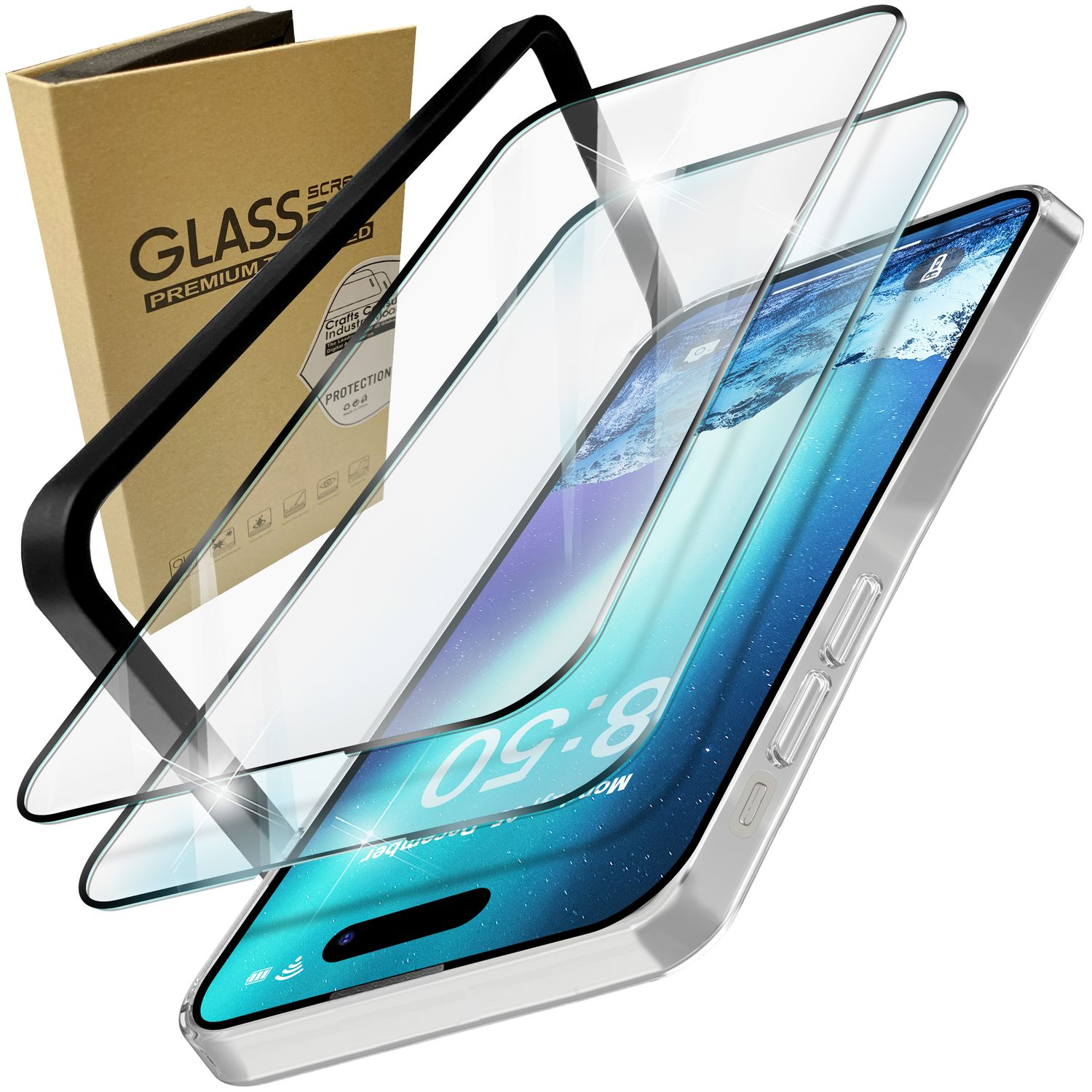 NALIA 2x Schutzglas & 1x Schablone Displayschutz(für Apple iPhone 15 ...