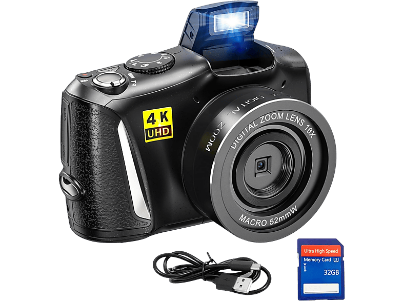 LINGDA 4K Ultra HD 60FPS 32g Speicherkarte Digitalkamera Schwarz, 3Zoll ...