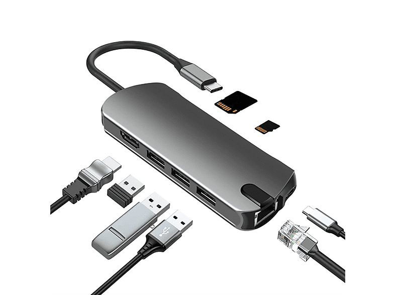 INF 8-in-1-USB-C-Hub mit USB 3.0, HDMI, RJ45, SD/TF-Kartensteckplatz ...