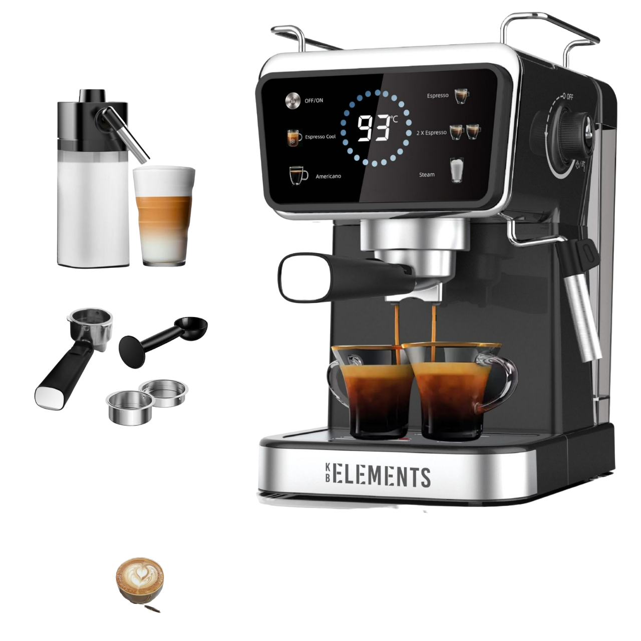 KB ELEMENTS Siebträgermaschine, automatische Milchaufschäumfunktion, Espresso freddo Funktion ...