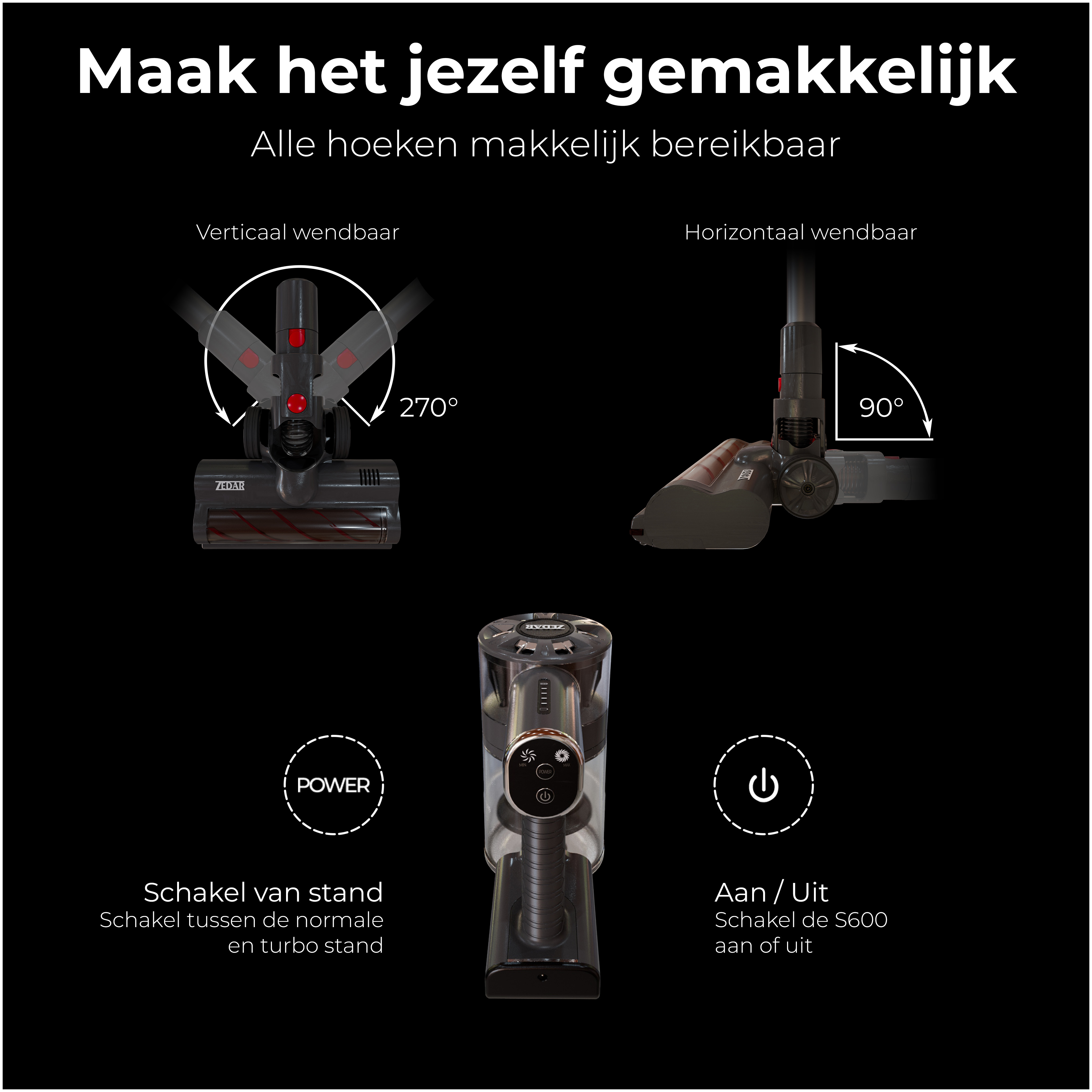 ZEDAR S600+ met 4 verschillende opzetstukken Draadloze Steelstofzuiger ...