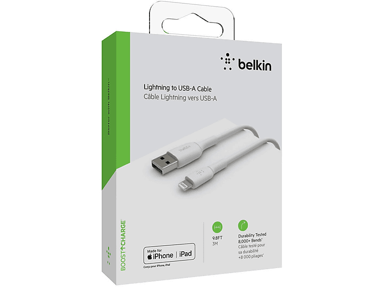 BELKIN CAA001BT3MWH LIGHT./USB-A LADE/SYNC PVC 3M, WEISS, Ladekabel, 3 ...